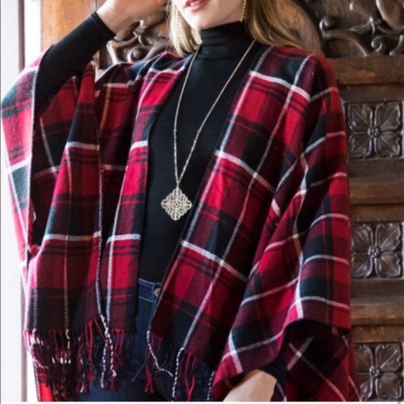 Sweaters | Red Plaid Soft Poncho Ruana | Poshmark